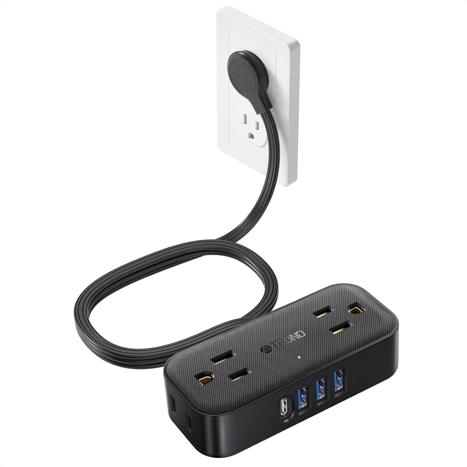 Travel Flat Plug Power Strip with USB Ports, 5ft Flat Extension Cord ...