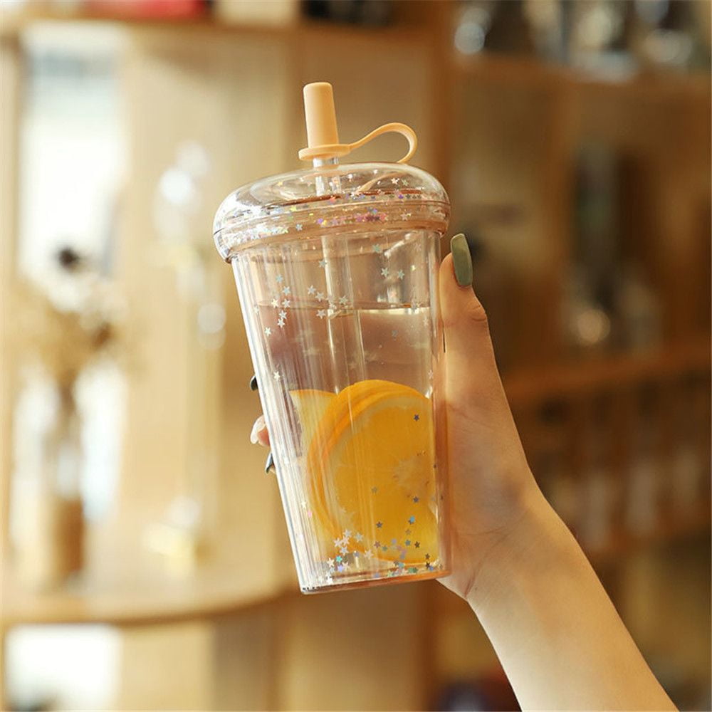 Travel Glitter 320/420/520ML Bubble Tea Cup Water Cup Straw Drinkware Water Bottle KHAKI 420ML ...