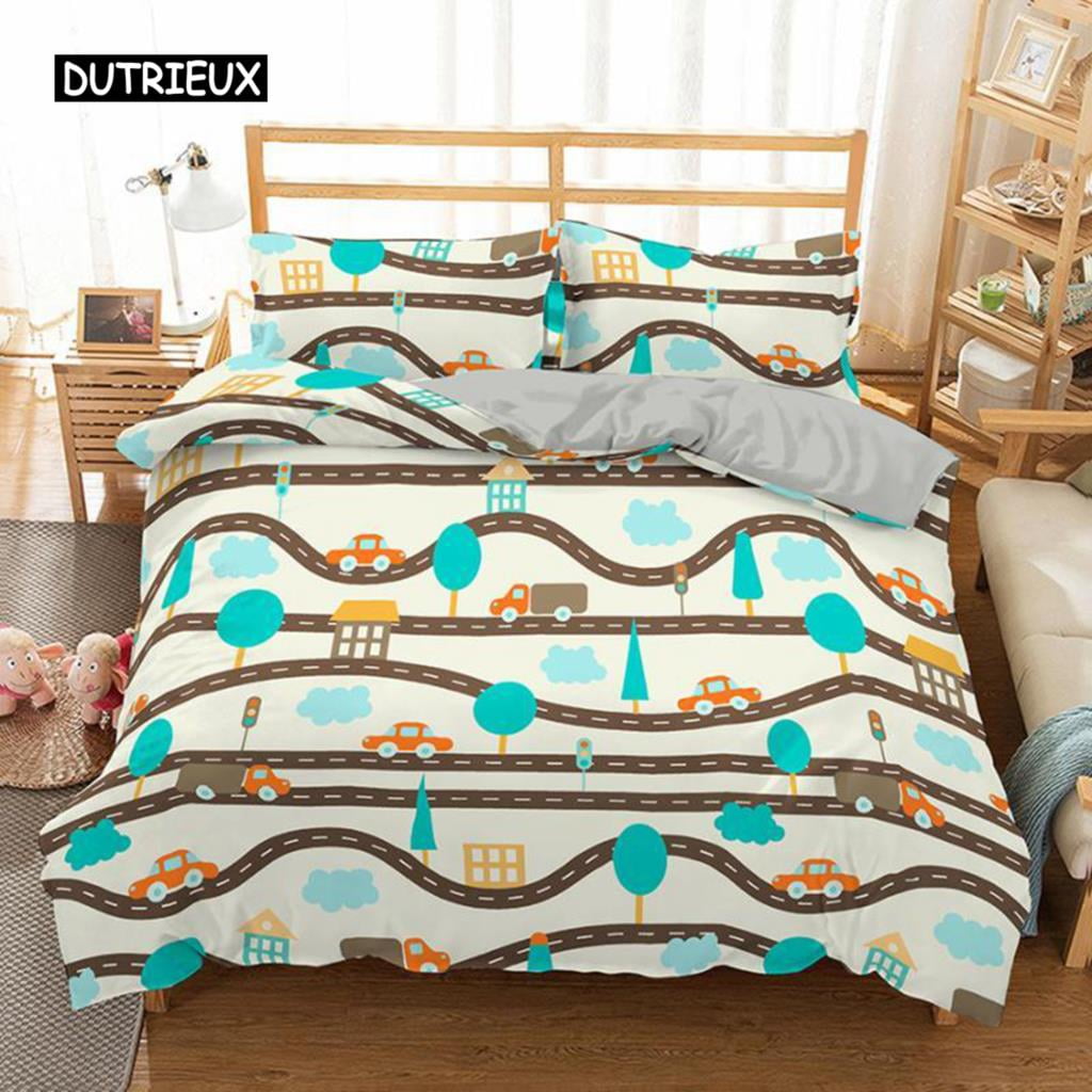 Travel Guide Duvet Cover Set Cartoon Route Car House Building Pattern ...