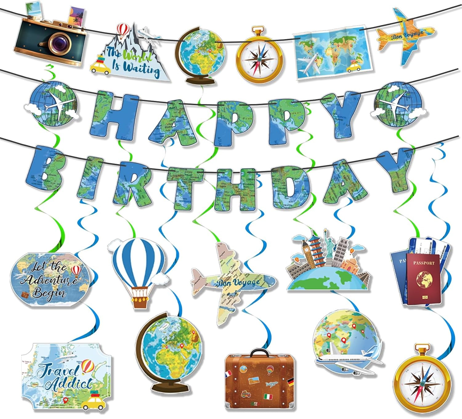 Travel Happy Birthday Banner Travel Themed Hanging Swirl Decorations ...