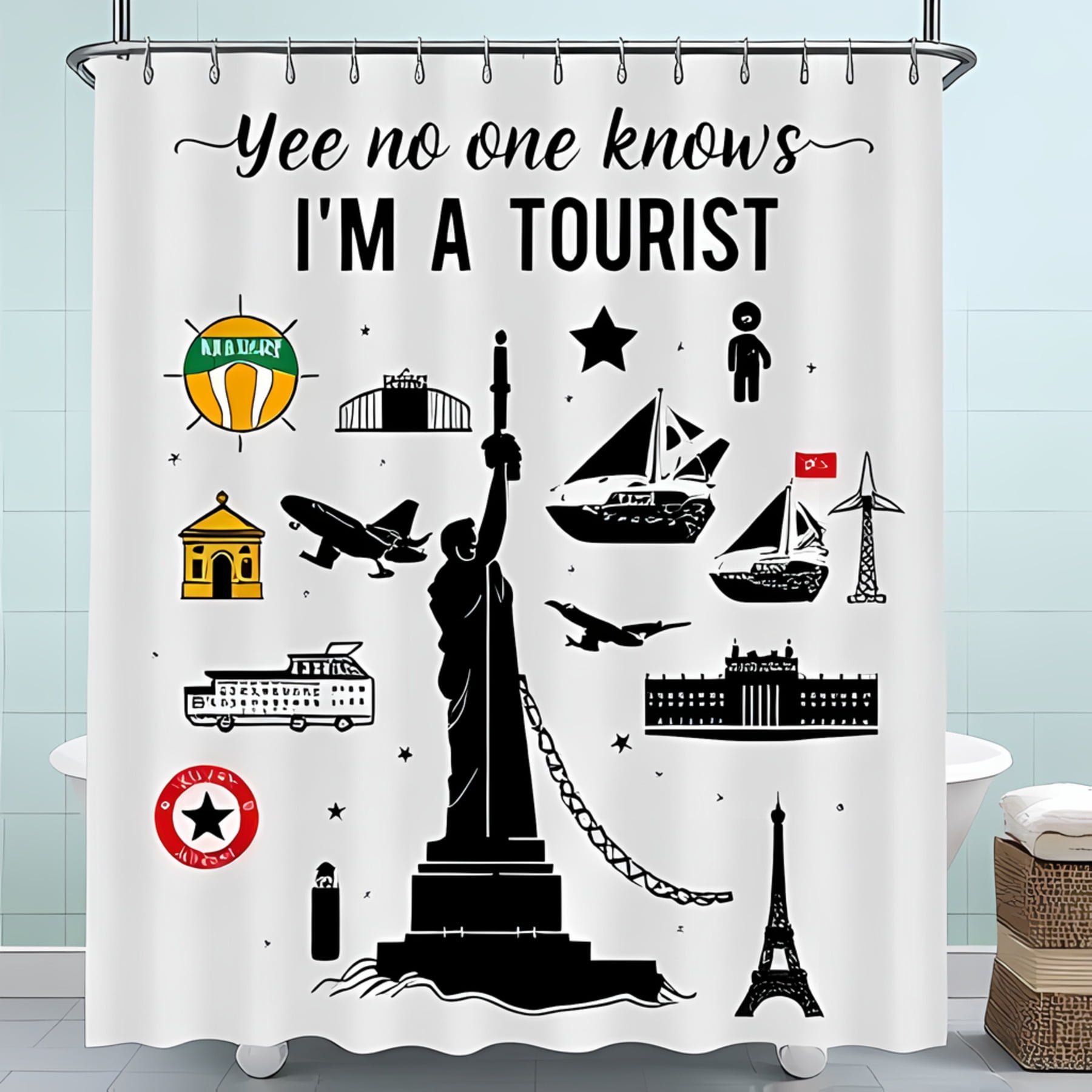 Travel Inspired Shower Curtain with Iconic Landmarks & Airplanes ...
