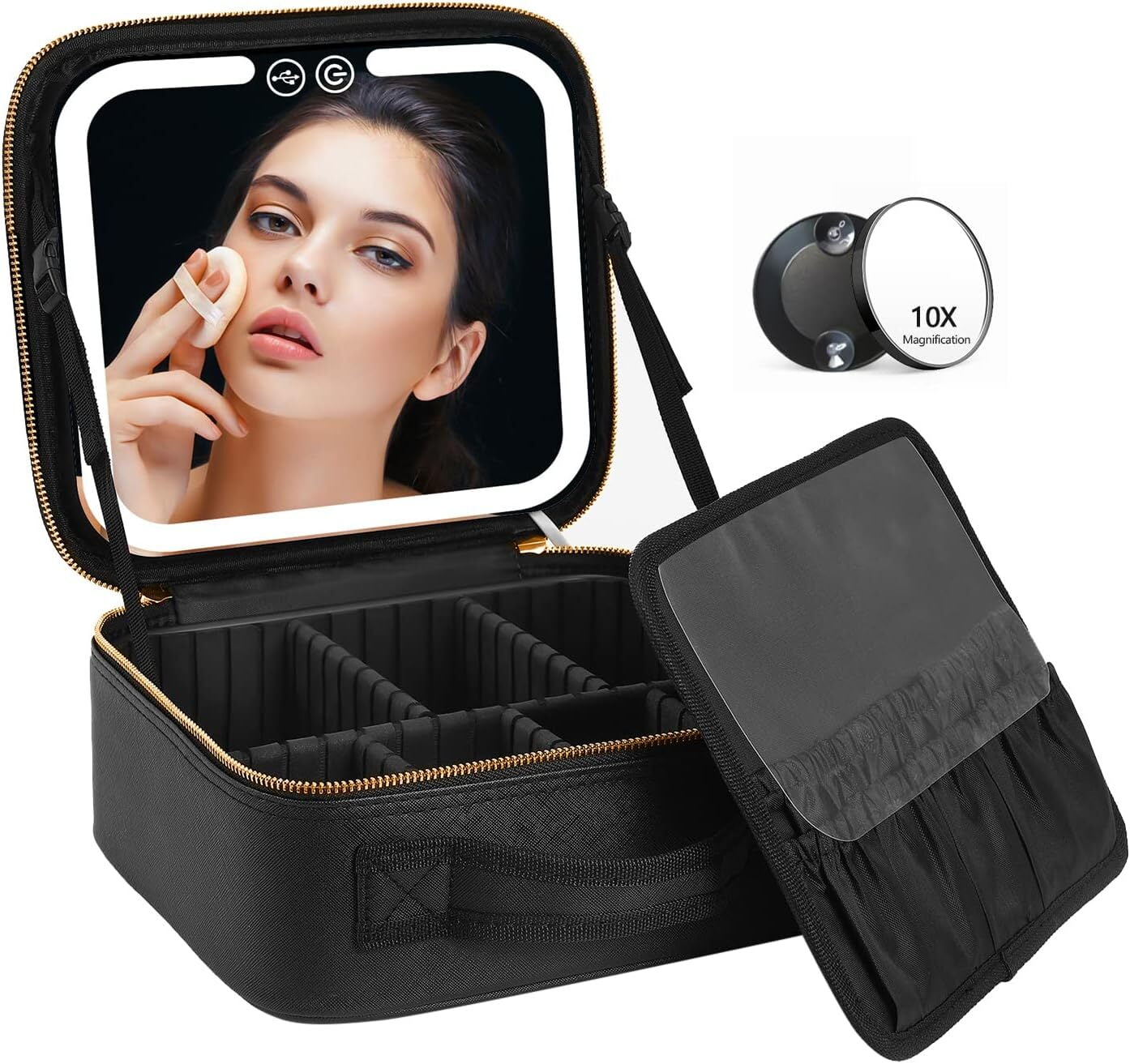 LED Light Travel Makeup Bag with 10x Mirror, Adjustable Dividers ...