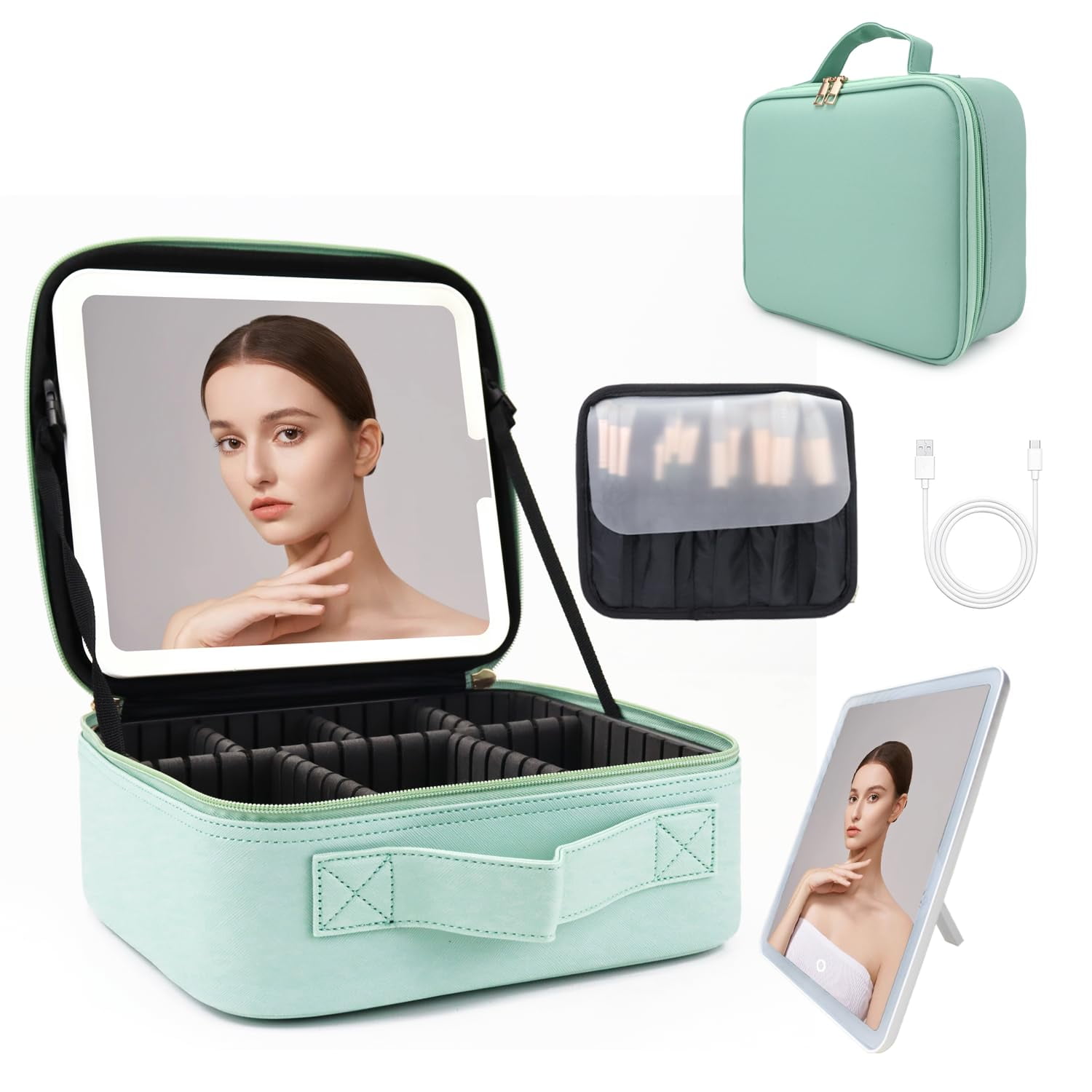 Travel Makeup Bag with LED Lighted Mirror,Cosmetics Organizer, Makeup ...