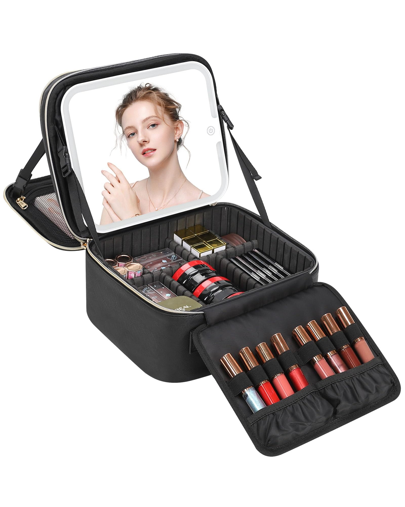 Travel Makeup Bag with LED Mirror Double Layer Makeup Case with Lighted ...