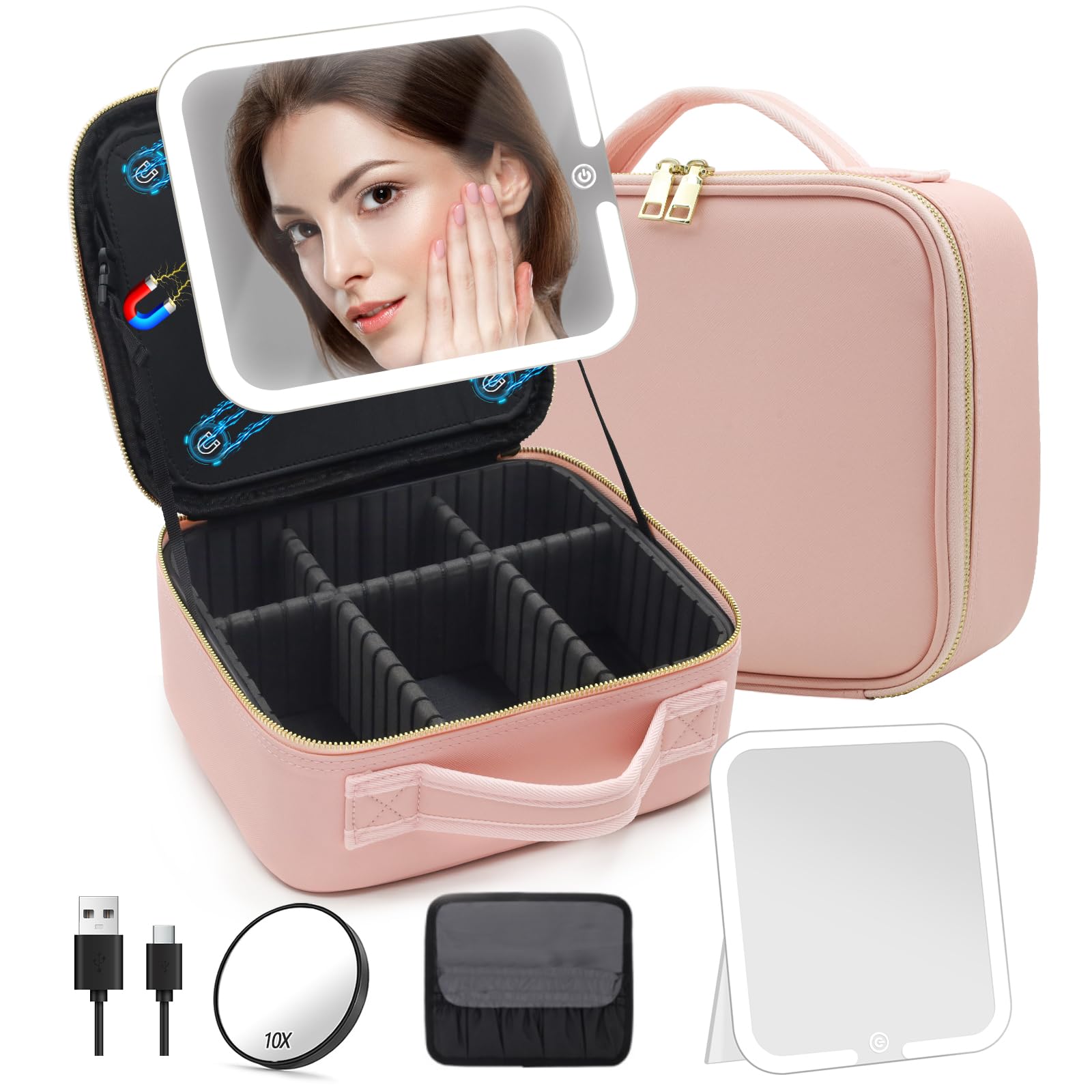 Travel Makeup Bag with Large Magnetic Removable Lighted Cosmetic ...