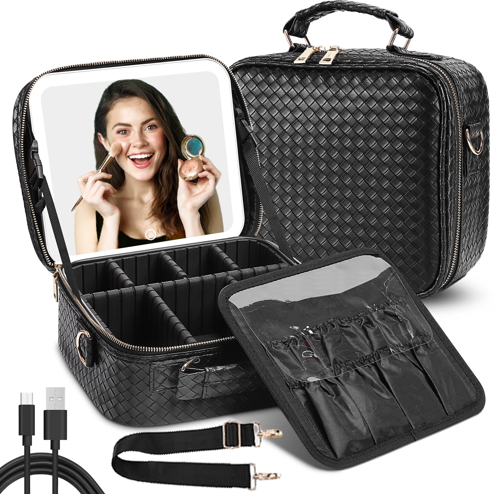 Travel Makeup Bag with Led Mirror, Makeup Organizer Cosmetic Bag, PU Leather Makeup Case with 3 ...