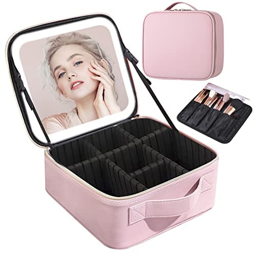 Travel Makeup Bag With Lighted Mirror Portable Pink Makeup Train Case