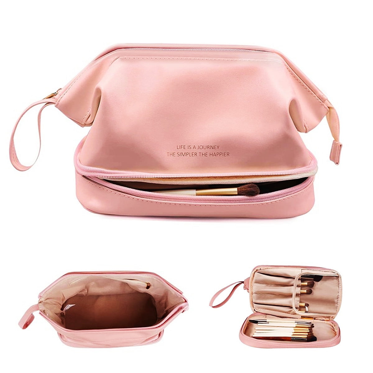 Travel Makeup Bag, Portable PU Leather Cosmetic Organizer with Compartments and Handle for Women ...