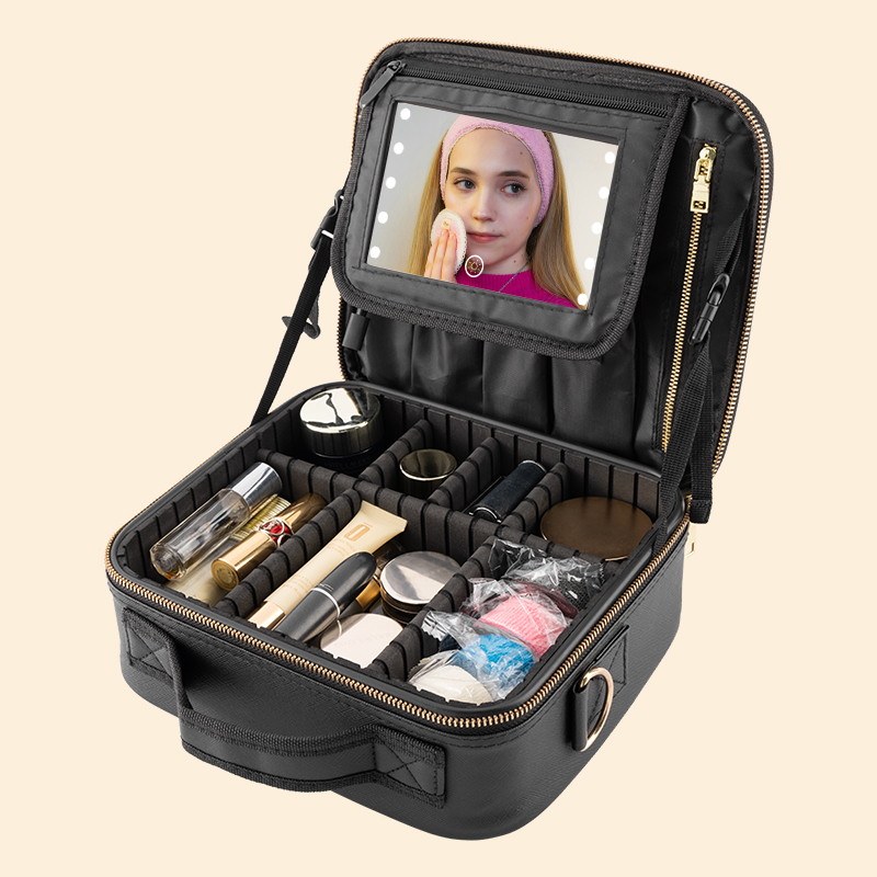 Travel Makeup Case with LED Lighted Mirror, Adjustable Brightness ...