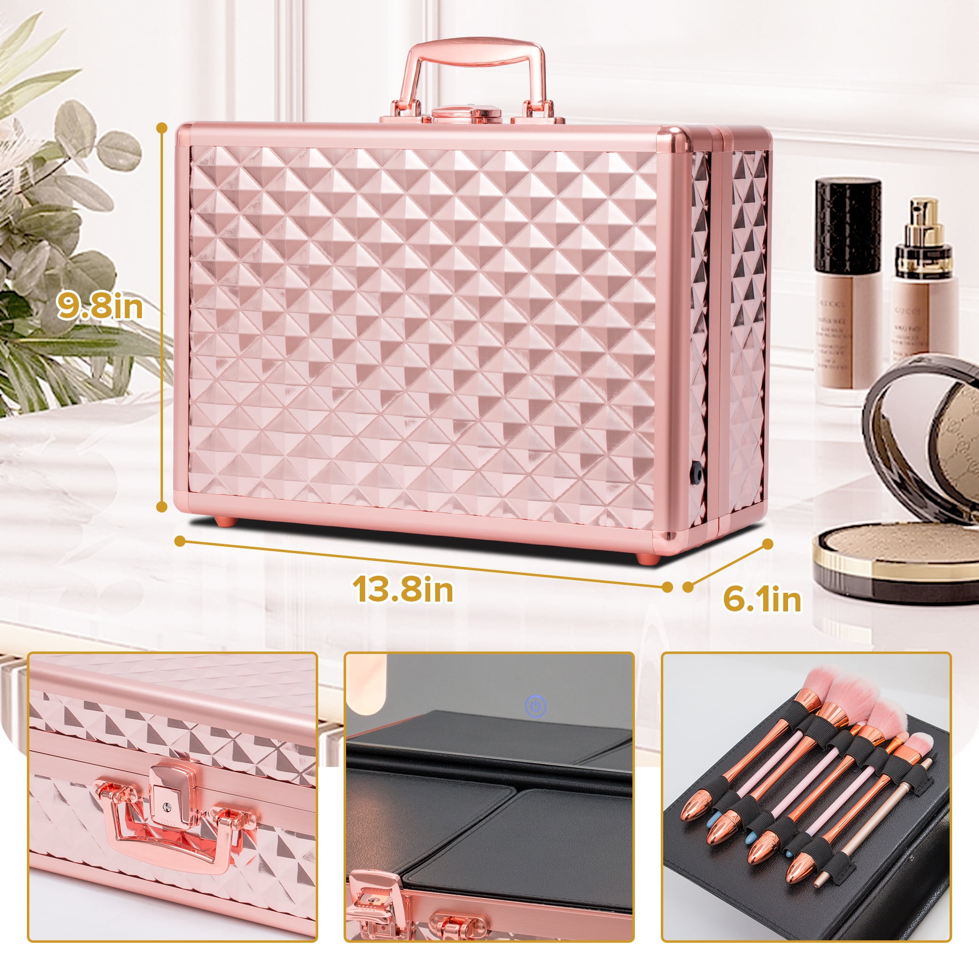 Travel Makeup Case with LED Mirror, Hard Shell Travel Makeup Bag With 3 ...