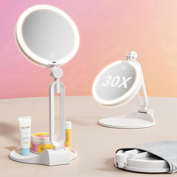 Travel Makeup Mirror with Lights, 1X/30X Magnification Double Sided ...