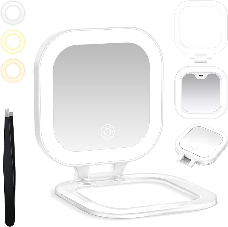 Travel Mirror with Light, 1x/30x Magnifying Mirror with 3 Color Lights ...