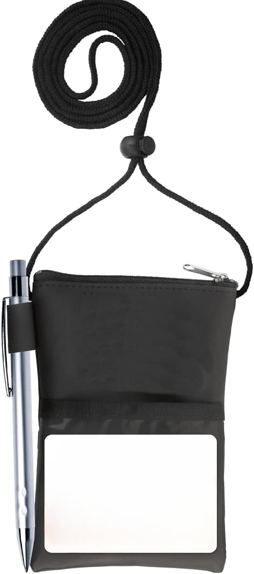 Travel Neck Wallet with Pen Loop Holder - Black Vinyl Credential Pouch ...