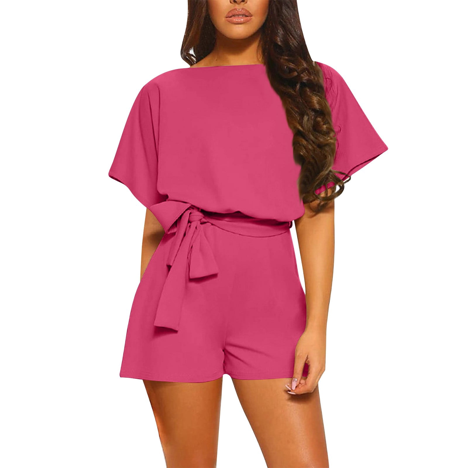 Travel Outfits, Prolriy Casual Belted Short Sleeve Jumpsuits Crew Neck ...