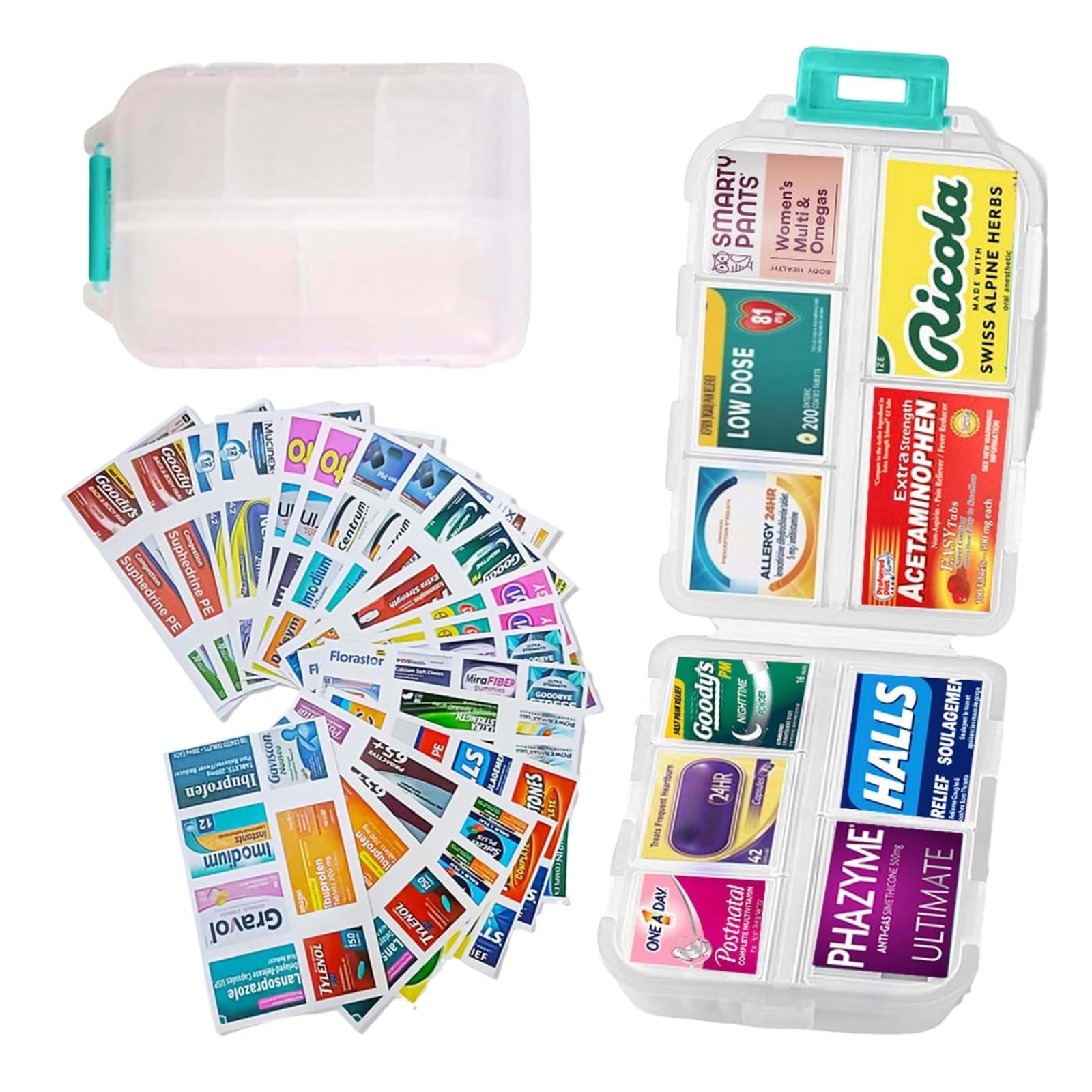 Travel Pill Organizer with 195 Labels, 10 Compartments Pocket Pharmacy ...