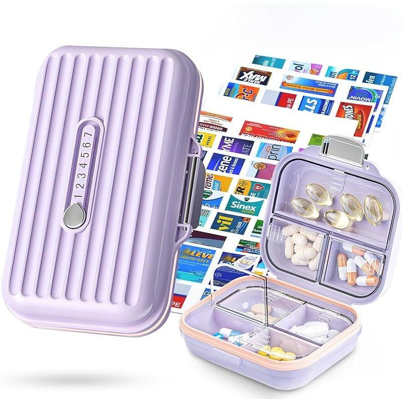 Travel Pill Organizer Box with Medicine Labels, 2Pack 7 Compartments ...
