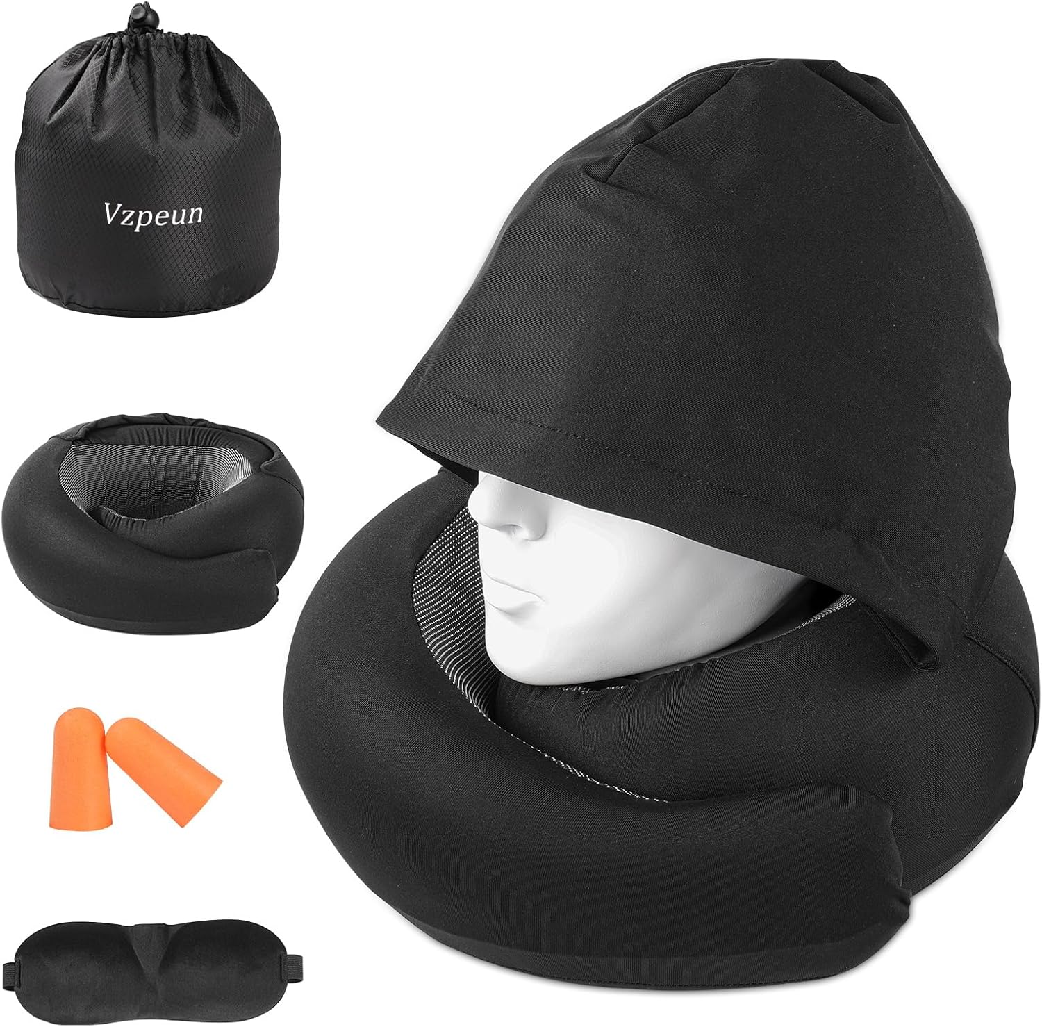 Travel Pillow - Hooded Neck Pillow Airplane Memory Foam Filling for ...