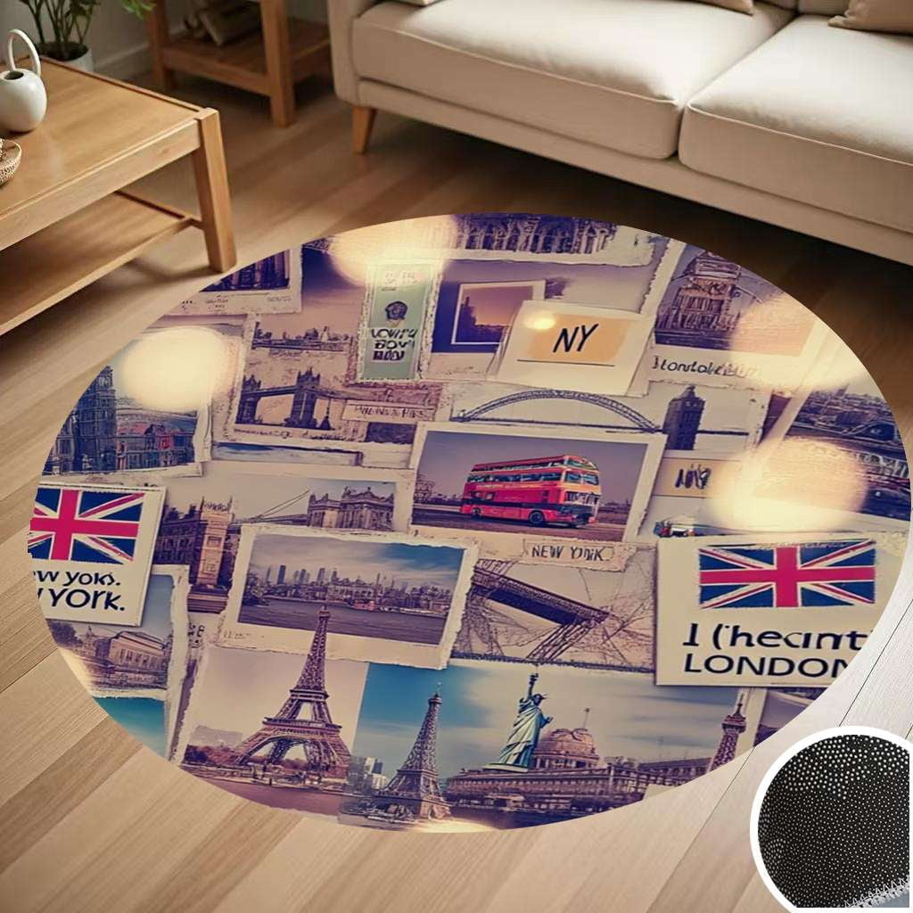 Travel Postcards From London, New York, Paris Round Carpet Living Room ...
