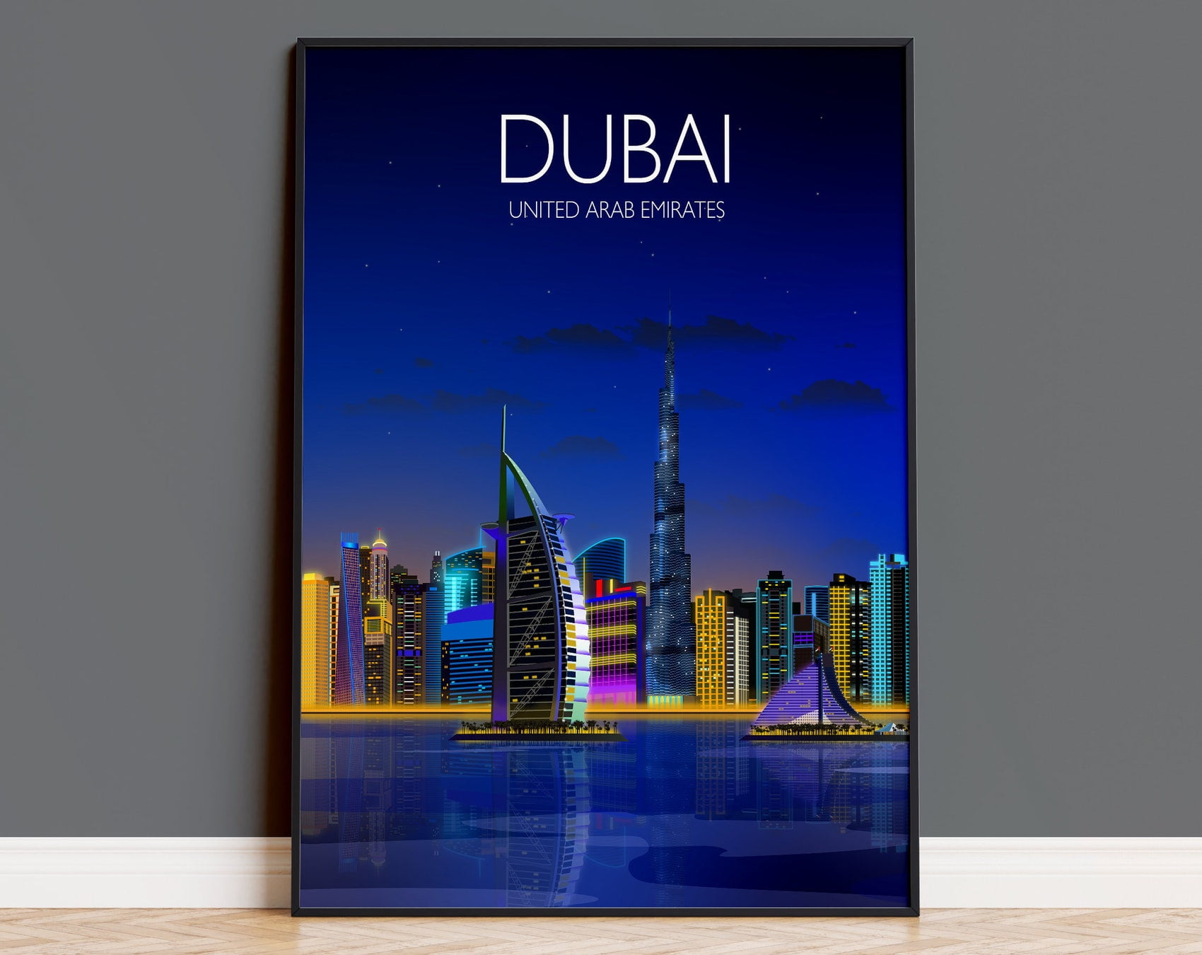Travel Poster of Dubai at night, Travel Print of Dubai, City of Dubai ...
