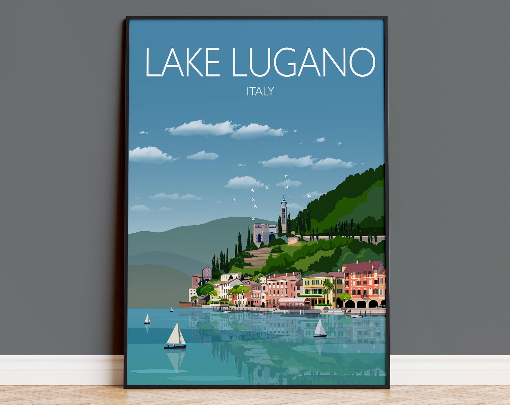 Travel Poster of Lake Lugano, Travel Print of Lake Lugano, Lake Lugano ...