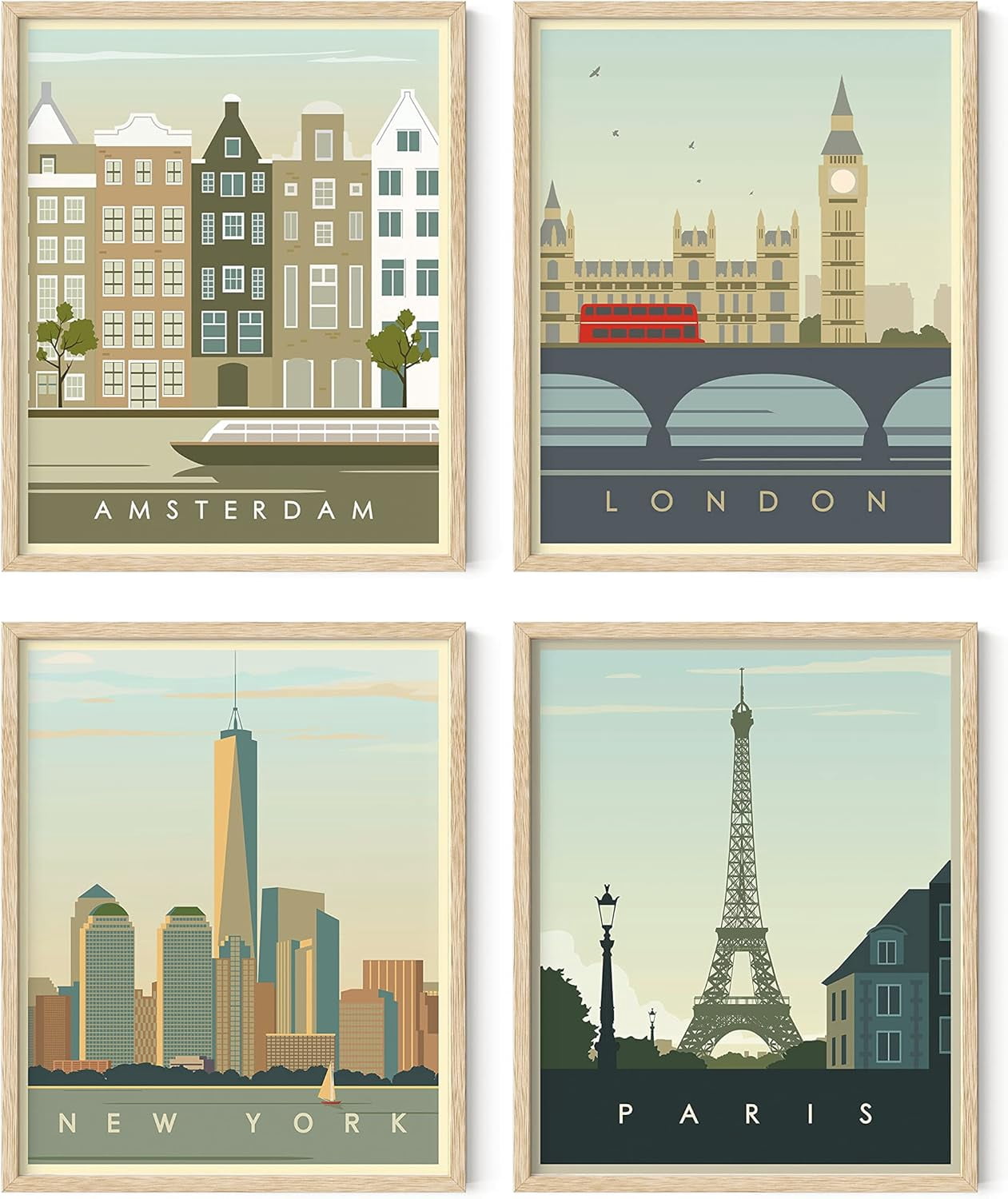 Travel Posters Set of 4 Travel Wall Art Posters of London, New York ...