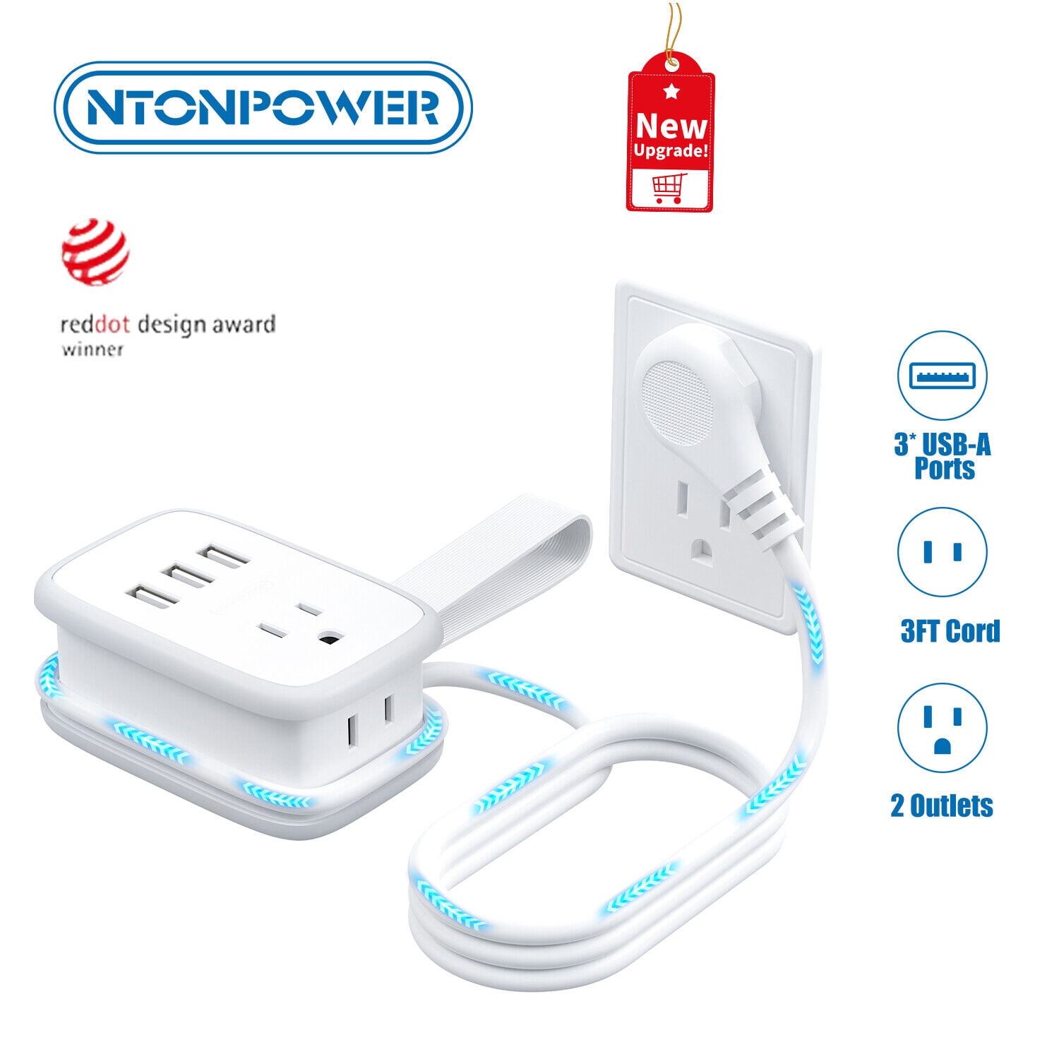 Travel Power Strip 3 Ft Extension Cord with 2 Outlets3 USB Portable ...