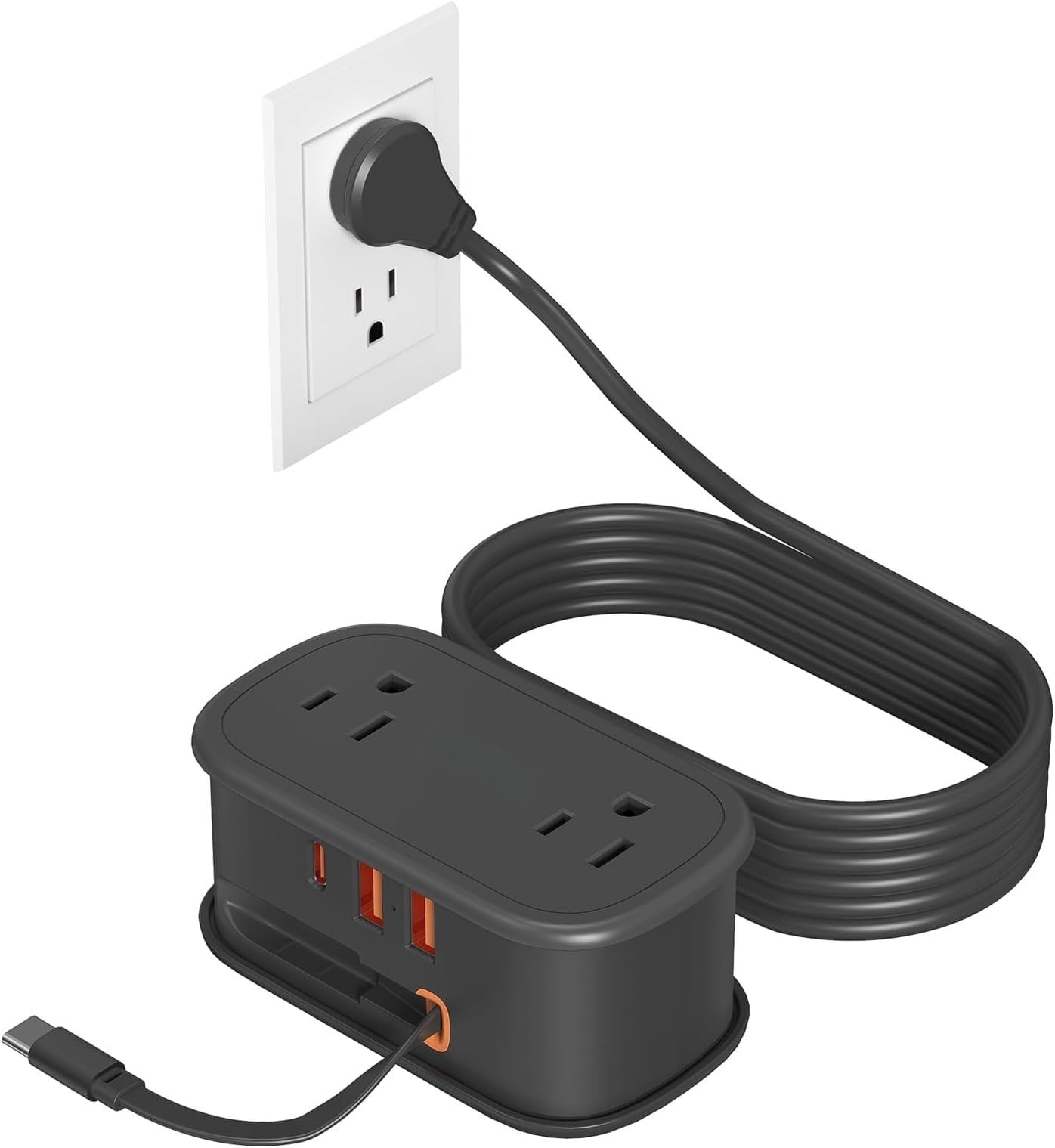 Travel Power Strip, 5ft Flat Plug Extension Cord with Retractable C ...