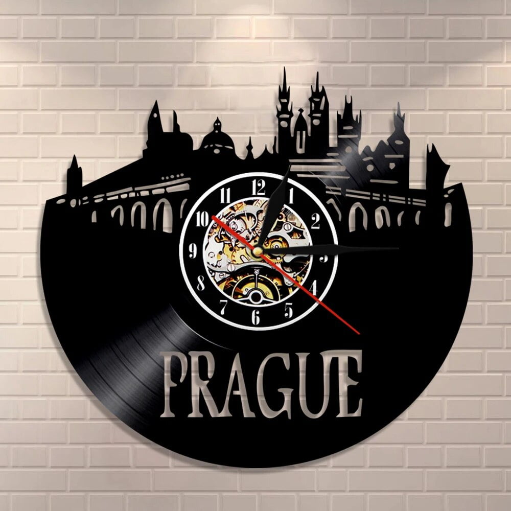 Travel Prague Vinyl Wall Clock,Vinyl Record Clock Wall Art Black ...