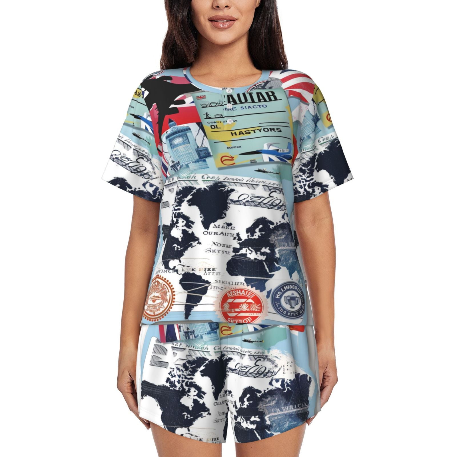 Travel Sticker (20) Womens Pajamas Short Set Soft Short Sleeve ...