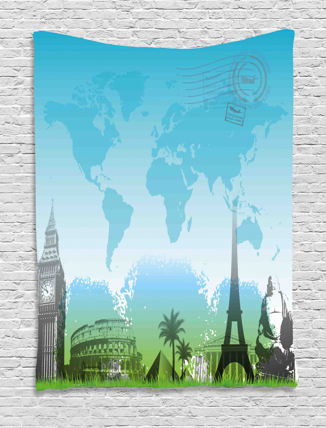 Travel Tapestry, Famous Landmarks with Mapping on the Backdrop, Wall ...