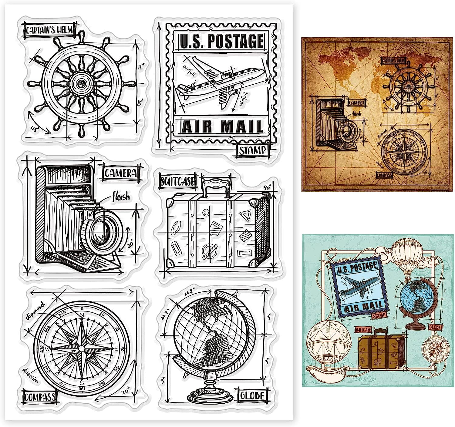 Travel Themed Plastic Clear Stamp Camera Trunk Compass Globe Clear ...