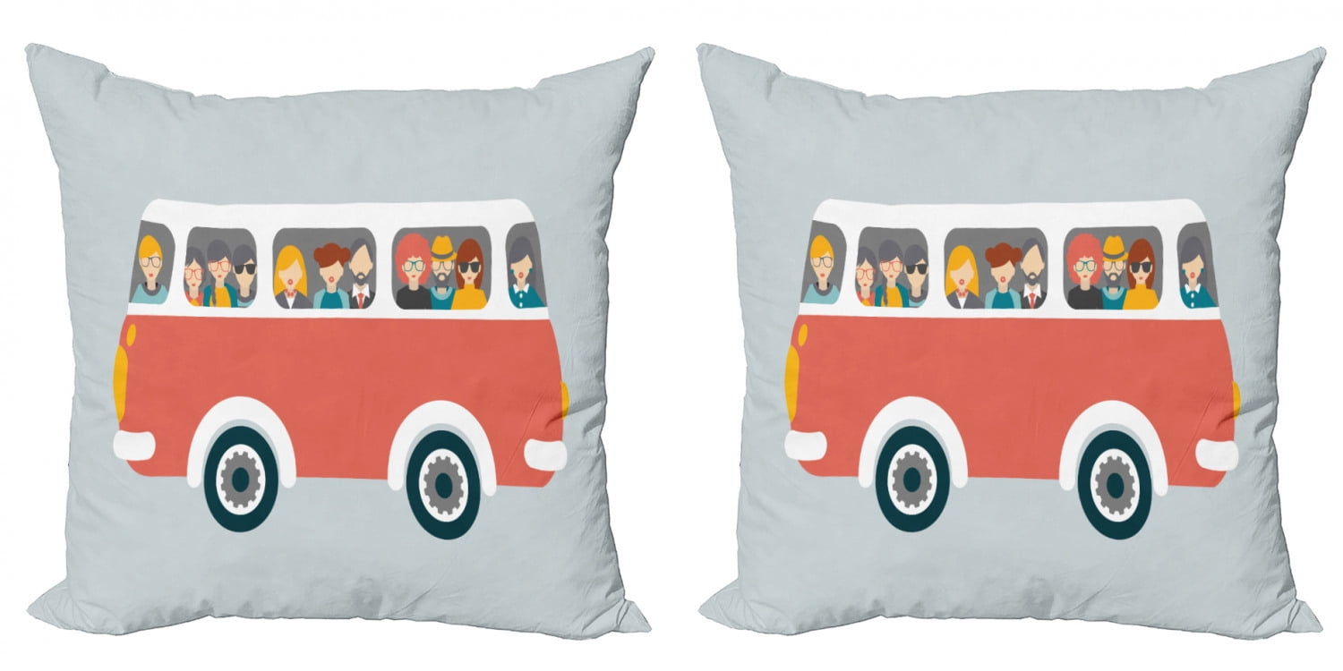 Travel Throw Pillow Cushion Cover Pack of 2, Retro Bus Mini Van with ...
