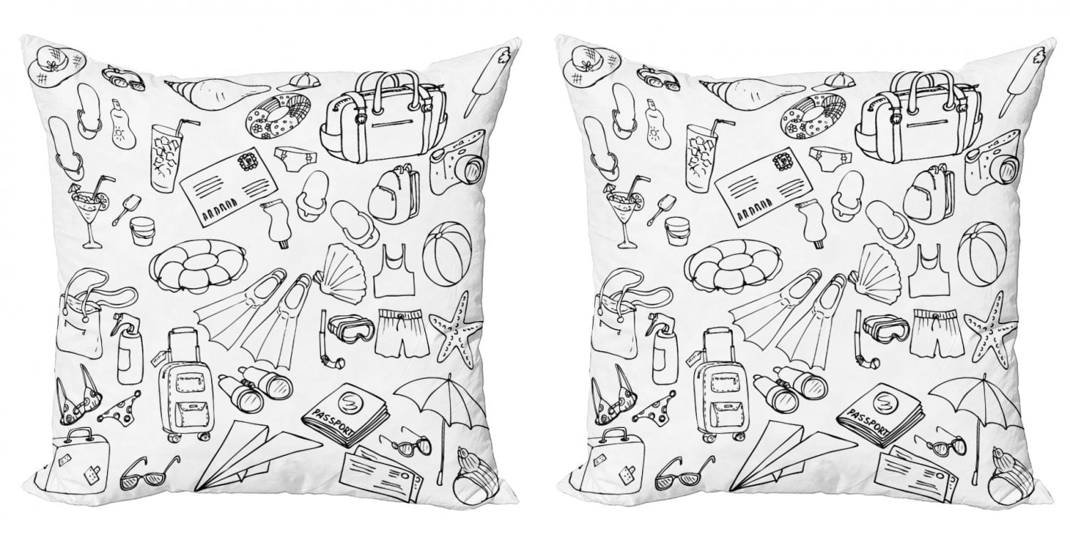 Travel Throw Pillow Cushion Cover Pack of 2, Sea and Travel Hand-drawn ...