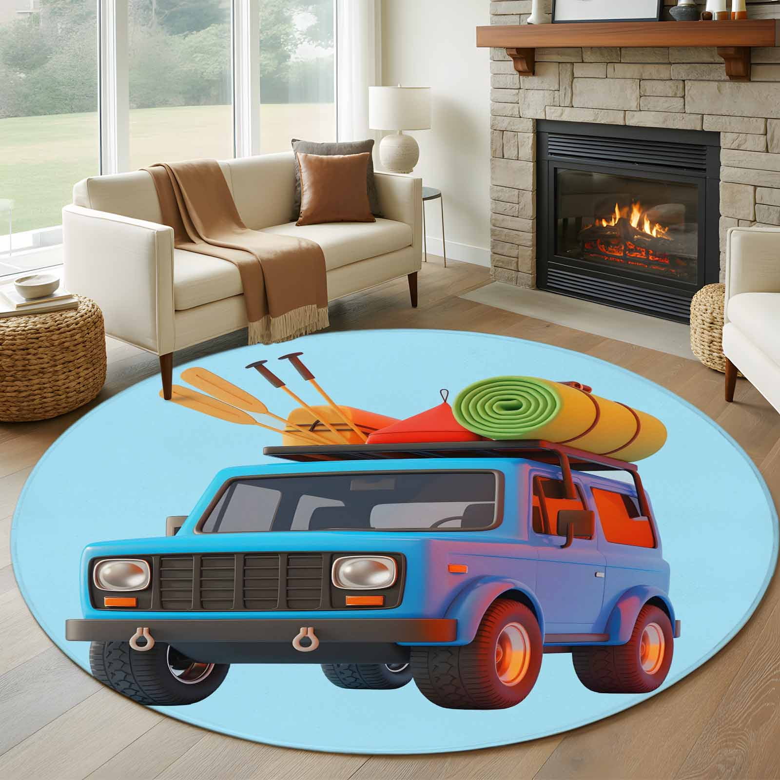 Travel Truck Round Rug 6ft Washable Circle Kitchen Rugs Non Slip ...
