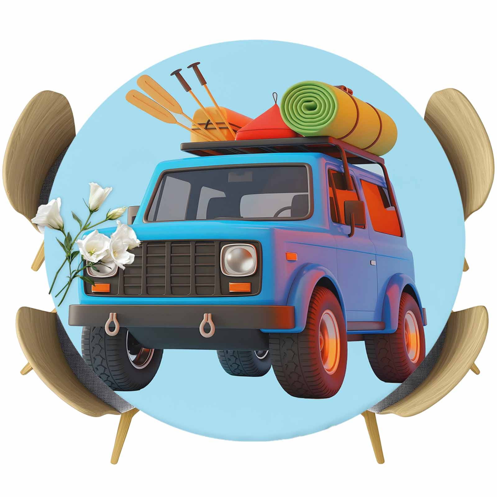 Travel Trucks Round Fitted Tablecloth with Elastic Edge, Navy Cars Blue ...