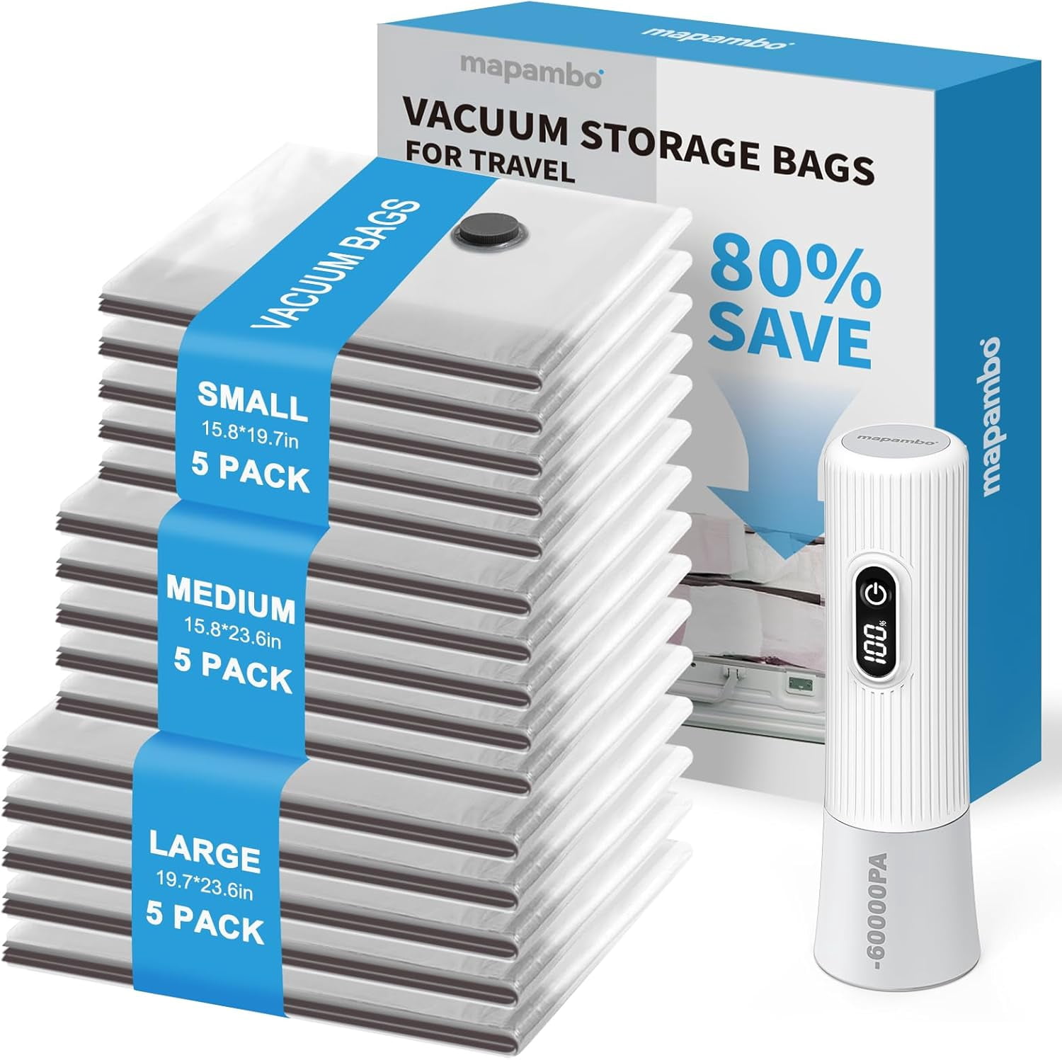 Travel s with -60000Pa LED Electric Pump, 15 Pack Vacuum Seal Bags for ...
