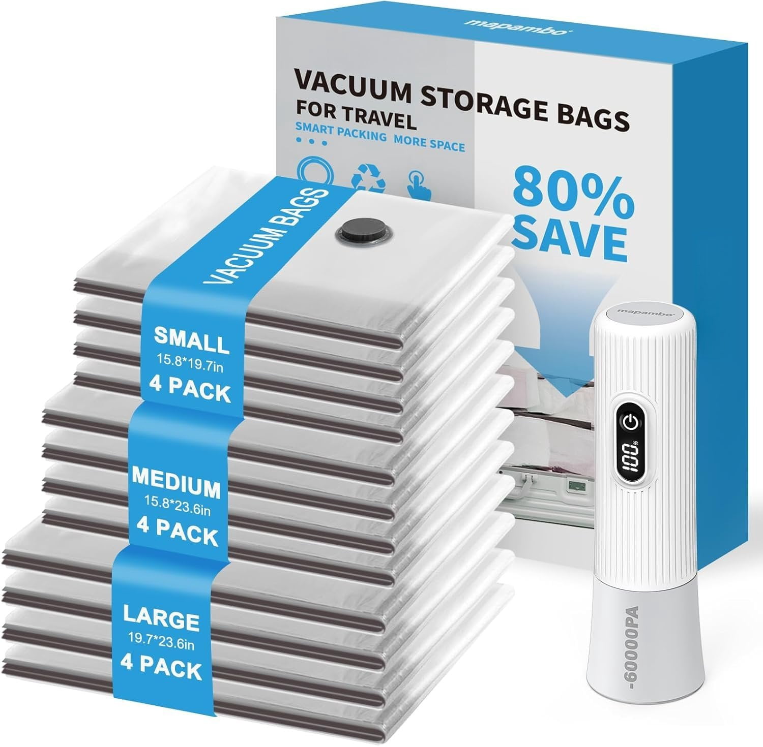 Travel Vacuum Bags with -60000Pa LED Electric pump, 12 Pack Vacuum Seal ...