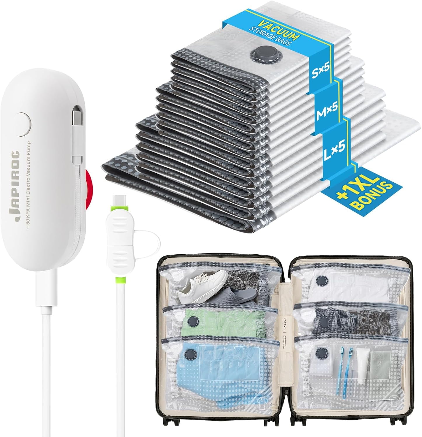 Travel Vacuum Storage Bags 16 Pack with USB Powered Electric Pump ...