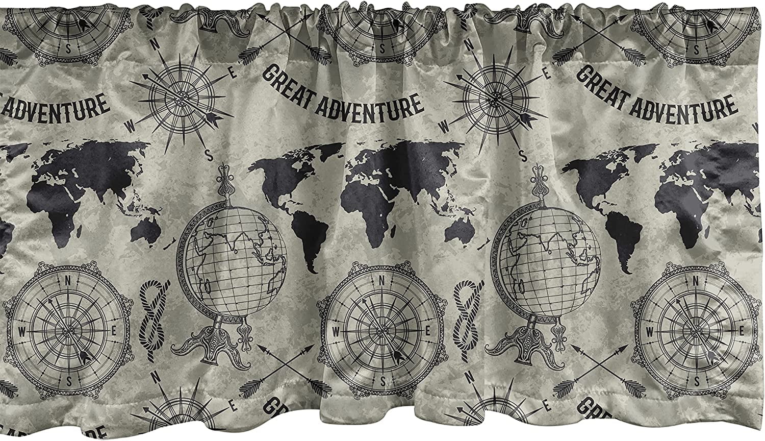 Travel Window Valance, Vintage Pattern with Adventure Wording Windrose ...