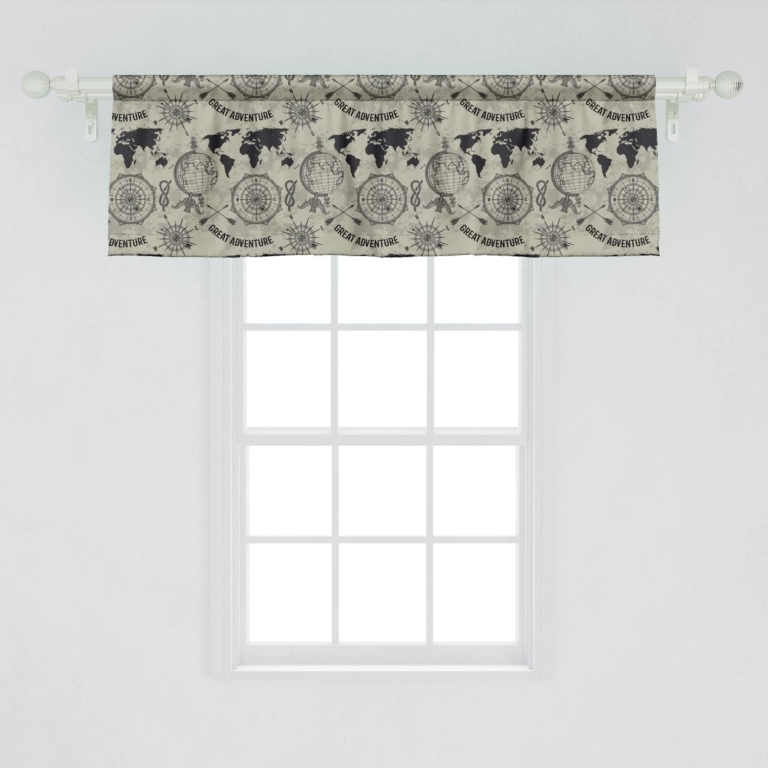Travel Window Valance , Vintage Pattern with Adventure Wording Windrose ...