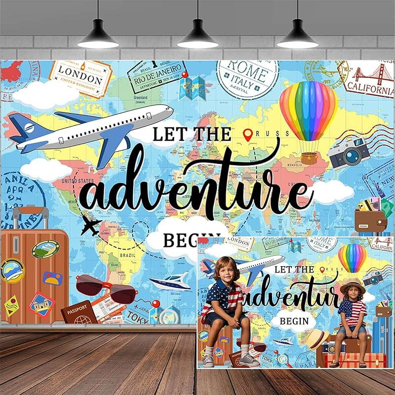 Travel World Map Photography Backdrop Let The Adventure Begin Banner ...