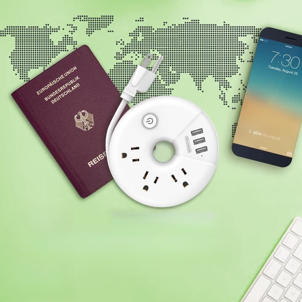 Travel power board with 3 USB ports, 3 sockets, power board flat plug ...