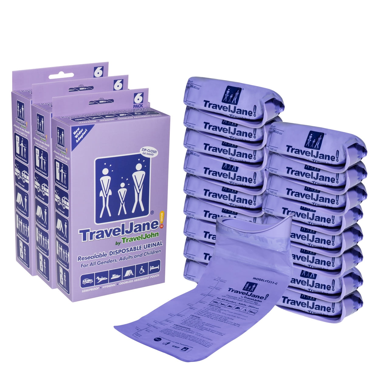 TravelJane Resealable Disposable Urinal (TJ1T-C) - 3 x 6 Pack Bundle ...