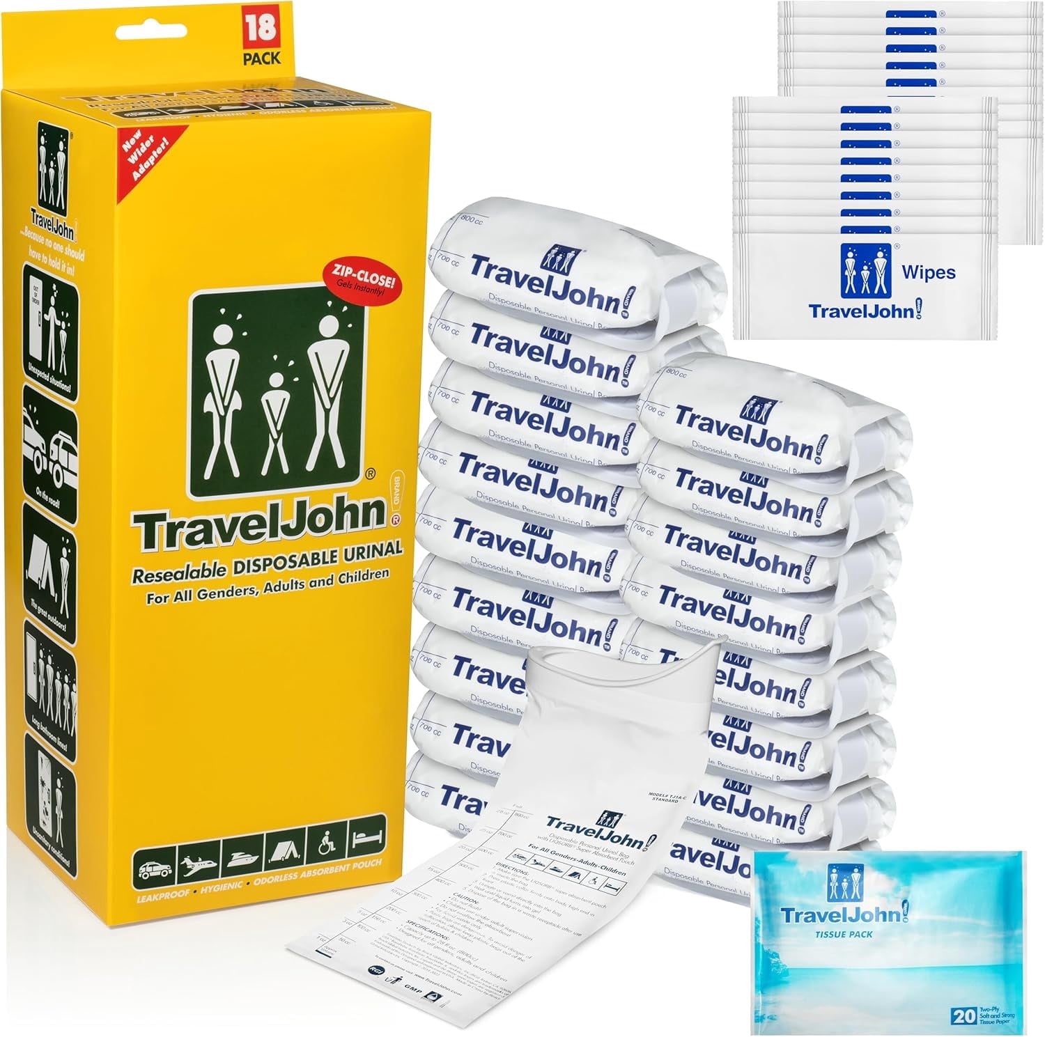 TravelJohn Resealable Disposable Urinal for All Genders, Adults, and ...