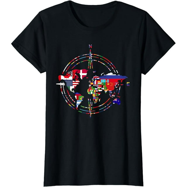 Traveler Country Flags Compass Globe Traveling World Map T-Shirt - Walmart.com