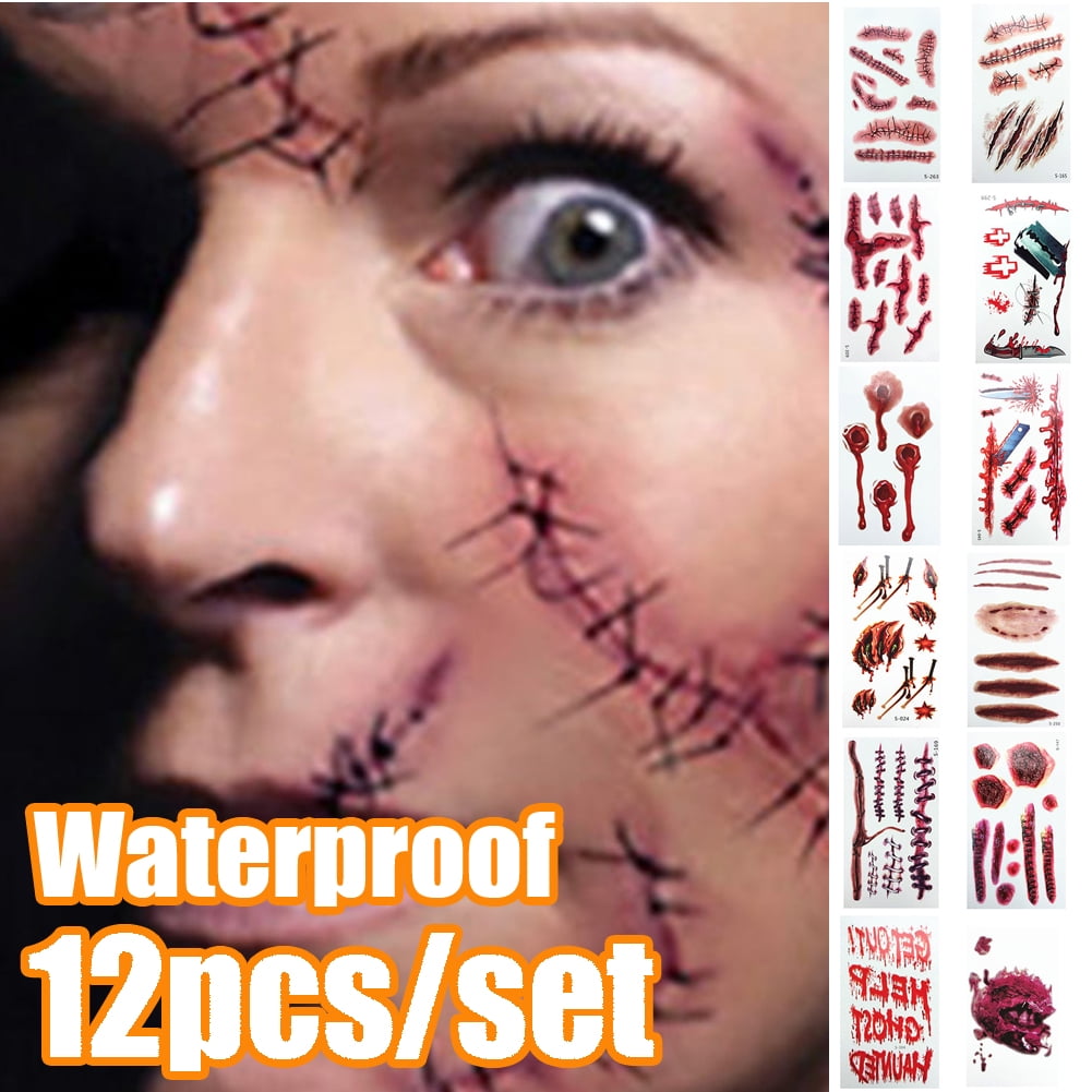 Travelwant 12 Packs Halloween Scar Temporary Tattoos,Realistic Fake ...