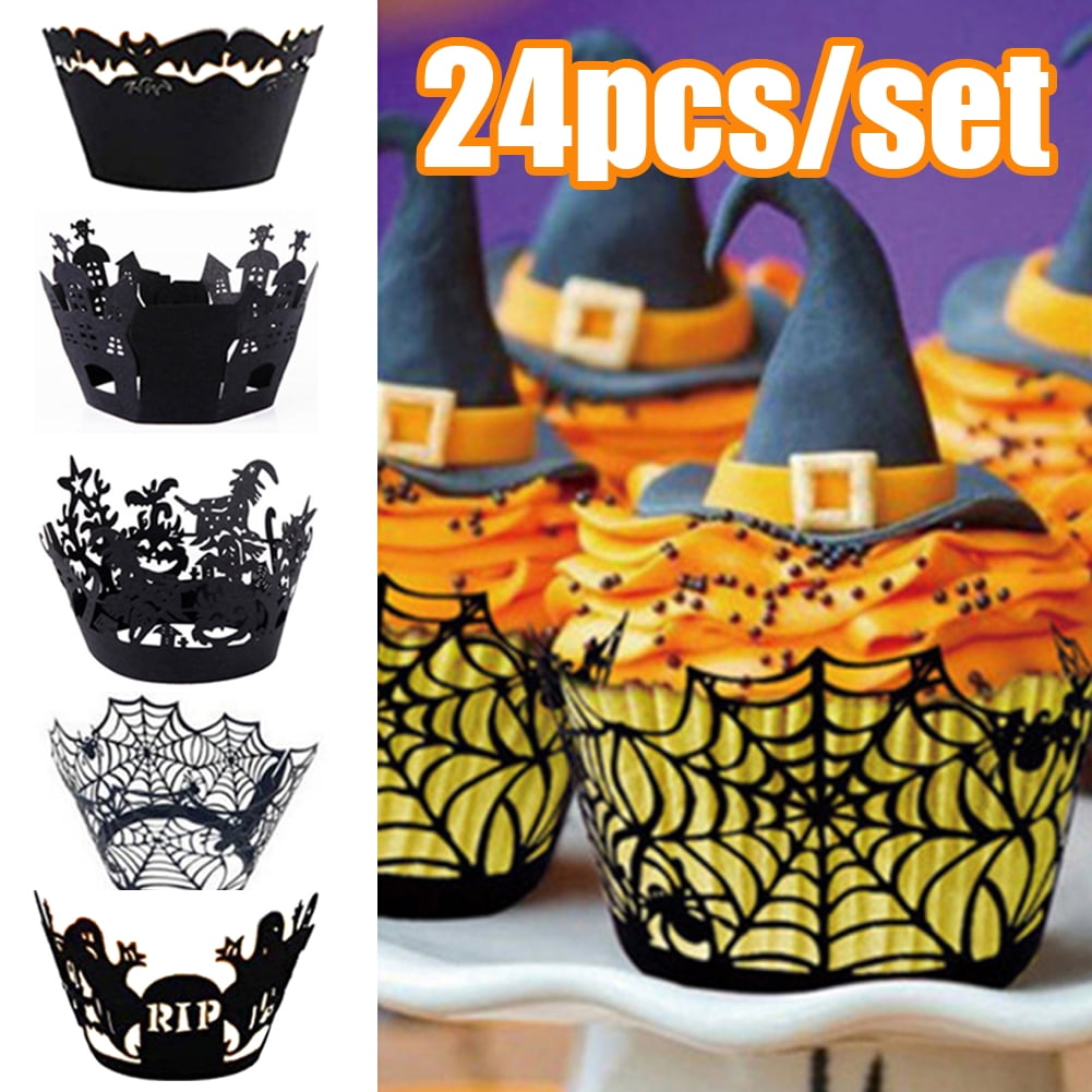 Travelwant 24Packs Halloween Cupcake Wrappers Spiderweb/Witch/Castle ...