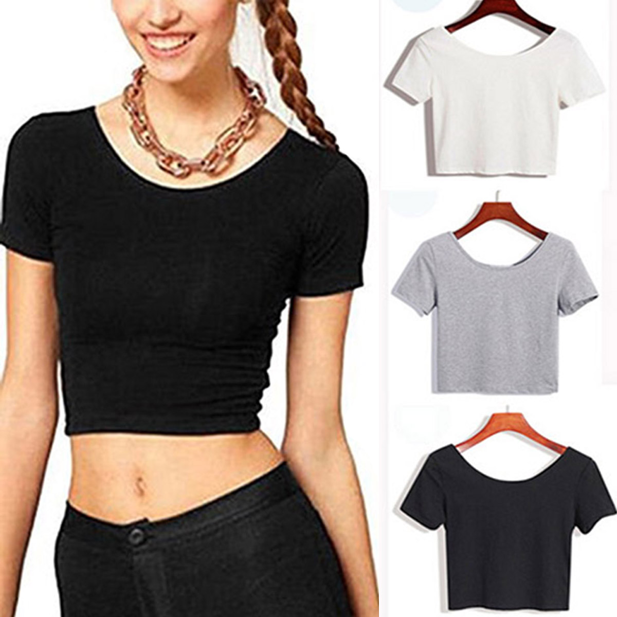 Travelwant 2Pcs Set Women s Basic Short Sleeve Crop Top Cotton Crop Tee