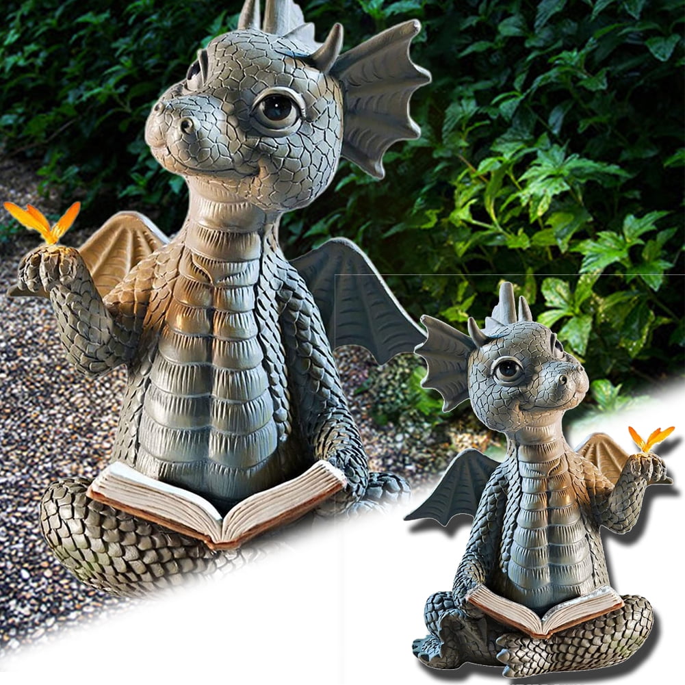 Travelwant Dragon Reading Book Statue Dinosaur Holding Butterfly ...