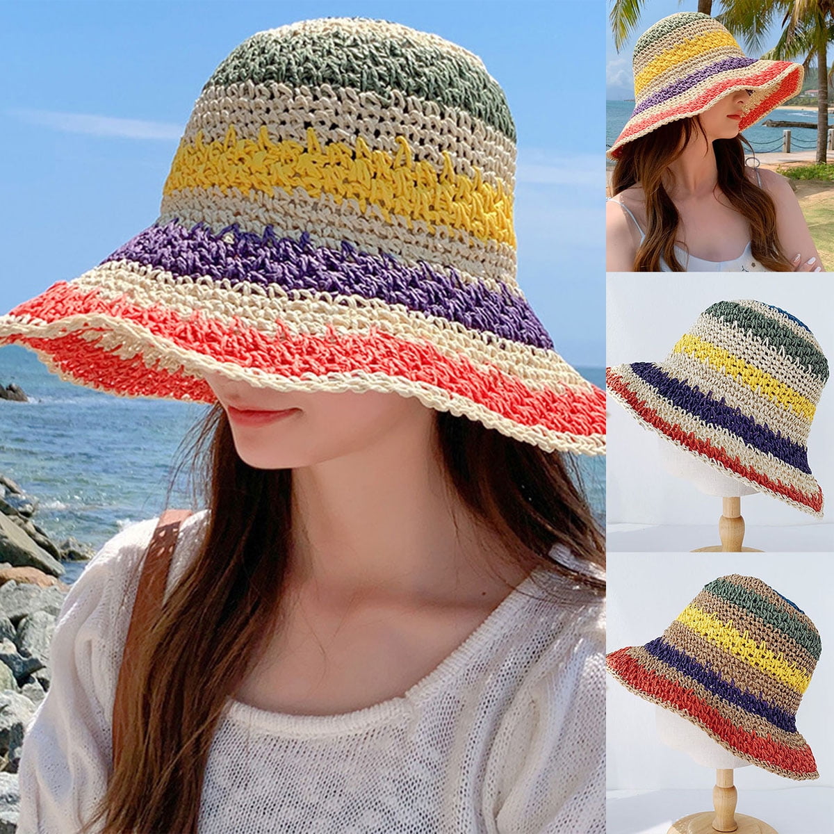 Travelwant Foldable Wide Brim Colorful Crochet Straw Hat Outdoor Sun